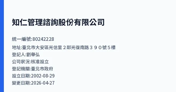 知仁管理諮詢股份有限公司的照片-統編 80242228(臺北市) 公司登記資料與營業項目詳細圖表