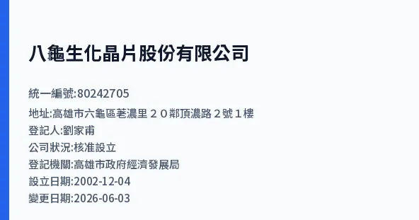 八龜生化晶片股份有限公司的照片-統編 80242705(高雄市) 公司登記資料與營業項目詳細圖表