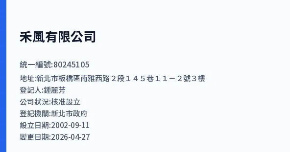 禾風有限公司的照片-統編 80245105(新北市) 公司登記資料與營業項目詳細圖表
