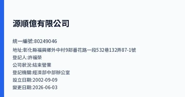 源順億有限公司的照片-統編 80249046(彰化縣) 公司登記資料與營業項目詳細圖表
