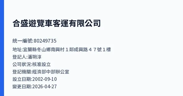 合盛遊覽車客運有限公司的照片-統編 80249735(宜蘭縣) 公司登記資料與營業項目詳細圖表