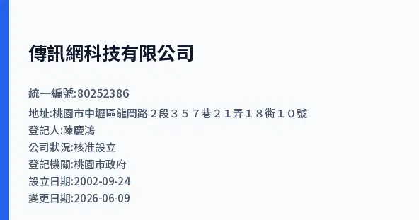 傳訊網科技有限公司的照片-統編 80252386(桃園市) 公司登記資料與營業項目詳細圖表