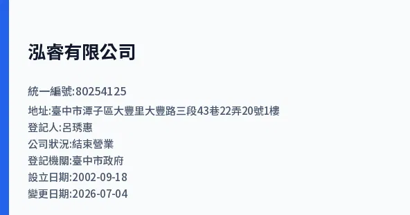 泓睿有限公司的照片-統編 80254125(臺中市) 公司登記資料與營業項目詳細圖表