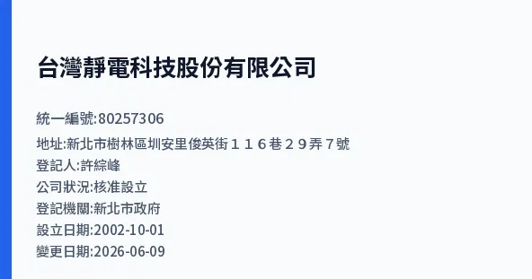 台灣靜電科技股份有限公司的照片-統編 80257306(新北市) 公司登記資料與營業項目詳細圖表