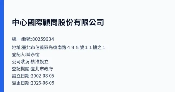 中心國際顧問股份有限公司的照片-統編 80259634(臺北市) 公司登記資料與營業項目詳細圖表