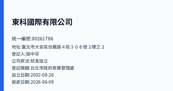 東科國際有限公司的照片-統編 80261786(臺北市) 公司登記資料與營業項目詳細圖表