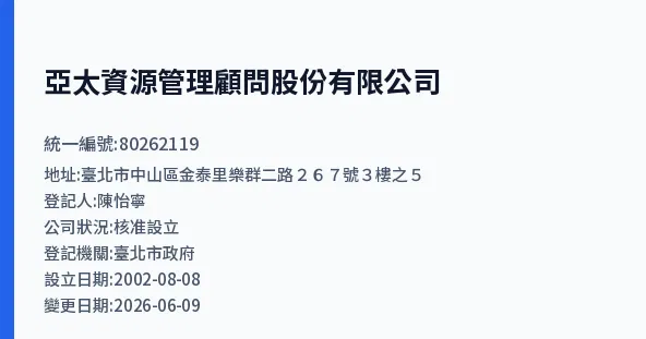亞太資源管理顧問股份有限公司的照片-統編 80262119(臺北市) 公司登記資料與營業項目詳細圖表