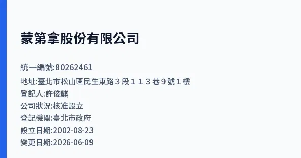 蒙第拿股份有限公司的照片-統編 80262461(臺北市) 公司登記資料與營業項目詳細圖表