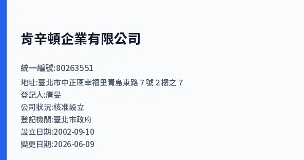 肯辛頓企業有限公司的照片-統編 80263551(臺北市) 公司登記資料與營業項目詳細圖表