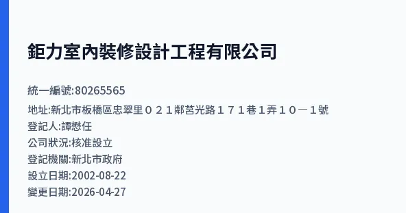 鉅力室內裝修設計工程有限公司的照片-統編 80265565(新北市) 公司登記資料與營業項目詳細圖表