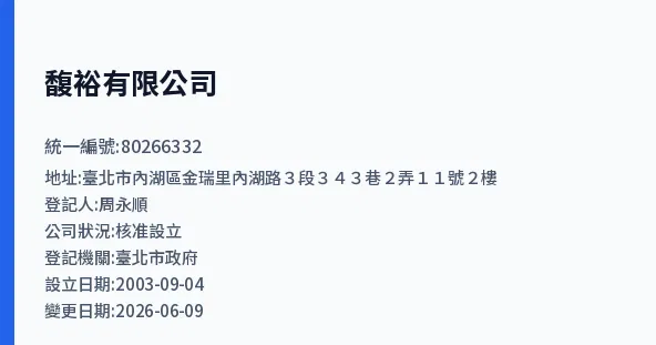 馥裕有限公司的照片-統編 80266332(臺北市) 公司登記資料與營業項目詳細圖表