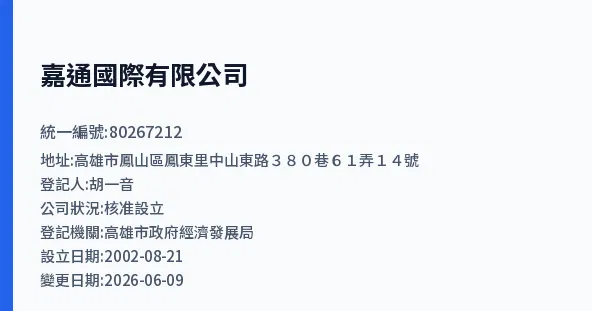 嘉通國際有限公司的照片-統編 80267212(高雄市) 公司登記資料與營業項目詳細圖表