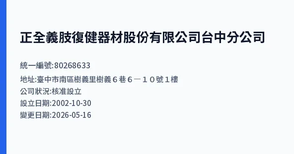 正全義肢復健器材股份有限公司台中分公司的照片-統編 80268633(臺中市) 公司登記資料與營業項目詳細圖表