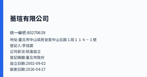 蕎瑄有限公司的照片-統編 80270639(臺北市) 公司登記資料與營業項目詳細圖表