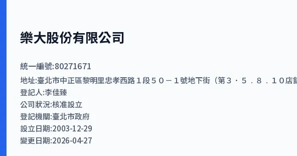 樂大股份有限公司的照片-統編 80271671(臺北市) 公司登記資料與營業項目詳細圖表