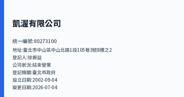 凱渥有限公司的照片-統編 80273100(臺北市) 公司登記資料與營業項目詳細圖表