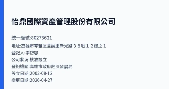 怡鼎國際資產管理股份有限公司的照片-統編 80273621(高雄市) 公司登記資料與營業項目詳細圖表