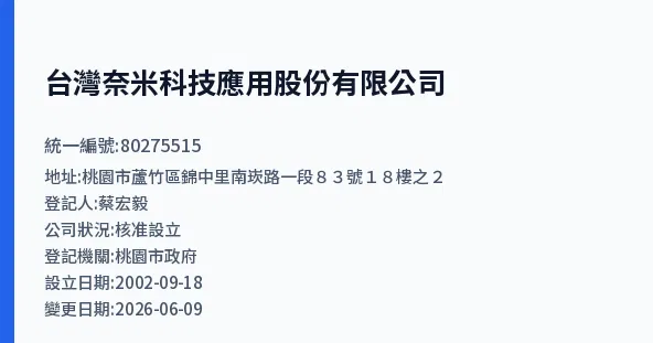 台灣奈米科技應用股份有限公司的照片-統編 80275515(桃園市) 公司登記資料與營業項目詳細圖表