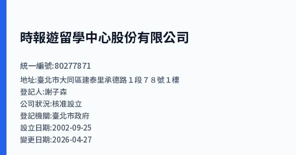 時報遊留學中心股份有限公司的照片-統編 80277871(臺北市) 公司登記資料與營業項目詳細圖表