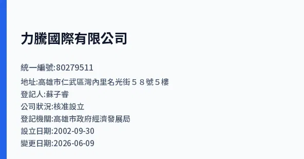 力騰國際有限公司的照片-統編 80279511(高雄市) 公司登記資料與營業項目詳細圖表