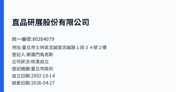 直品研展股份有限公司的照片-統編 80284079(臺北市) 公司登記資料與營業項目詳細圖表