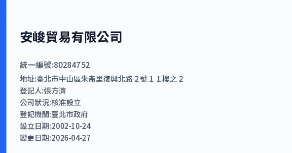 安峻貿易有限公司的照片-統編 80284752(臺北市) 公司登記資料與營業項目詳細圖表