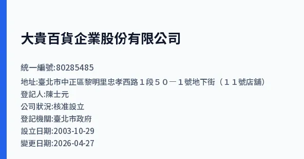 大貴百貨企業股份有限公司的照片-統編 80285485(臺北市) 公司登記資料與營業項目詳細圖表