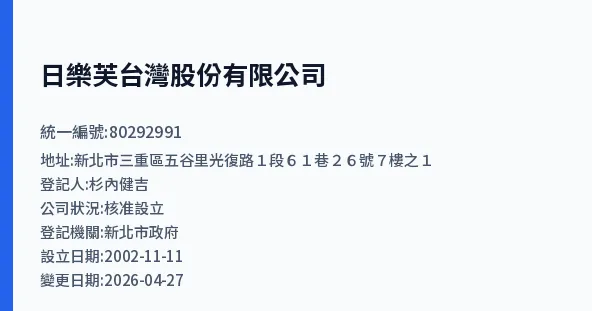 日樂芙台灣股份有限公司的照片-統編 80292991(新北市) 公司登記資料與營業項目詳細圖表