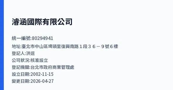 濬涵國際有限公司的照片-統編 80294941(臺北市) 公司登記資料與營業項目詳細圖表