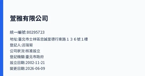 萱雅有限公司的照片-統編 80295723(臺北市) 公司登記資料與營業項目詳細圖表