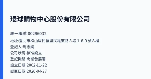 環球購物中心股份有限公司的照片-統編 80296032(臺北市) 公司登記資料與營業項目詳細圖表