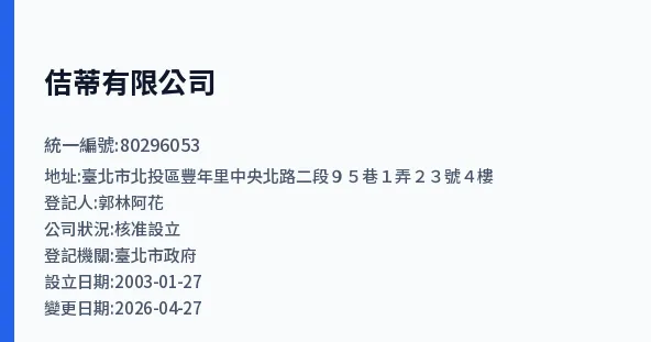 佶蒂有限公司的照片-統編 80296053(臺北市) 公司登記資料與營業項目詳細圖表