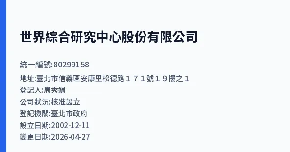 世界綜合研究中心股份有限公司的照片-統編 80299158(臺北市) 公司登記資料與營業項目詳細圖表