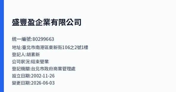 盛豐盈企業有限公司的照片-統編 80299663(臺北市) 公司登記資料與營業項目詳細圖表