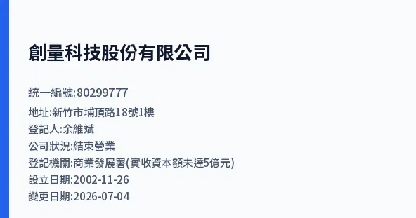創量科技股份有限公司的照片-統編 80299777(新竹縣) 公司登記資料與營業項目詳細圖表