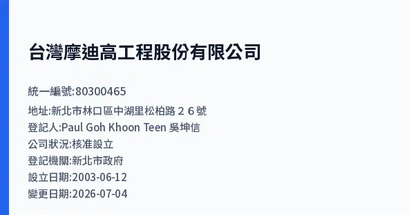台灣摩迪高工程股份有限公司的照片-統編 80300465(新北市) 公司登記資料與營業項目詳細圖表