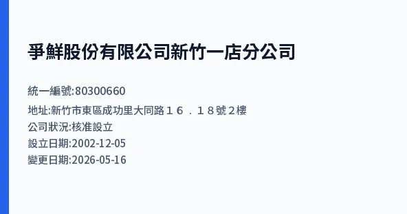 爭鮮股份有限公司新竹一店分公司的照片-統編 80300660(新竹市) 公司登記資料與營業項目詳細圖表
