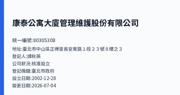 康泰公寓大廈管理維護股份有限公司的照片-統編 80305308(臺北市) 公司登記資料與營業項目詳細圖表