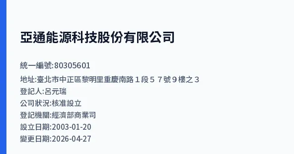 亞通能源科技股份有限公司的照片-統編 80305601(臺北市) 公司登記資料與營業項目詳細圖表