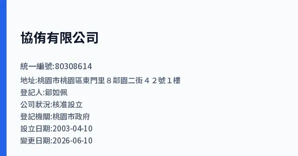 協侑有限公司的照片-統編 80308614(桃園市) 公司登記資料與營業項目詳細圖表