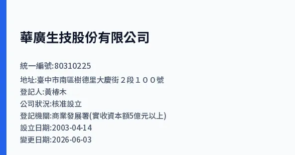華廣生技股份有限公司的照片-統編 80310225(臺中市) 公司登記資料與營業項目詳細圖表