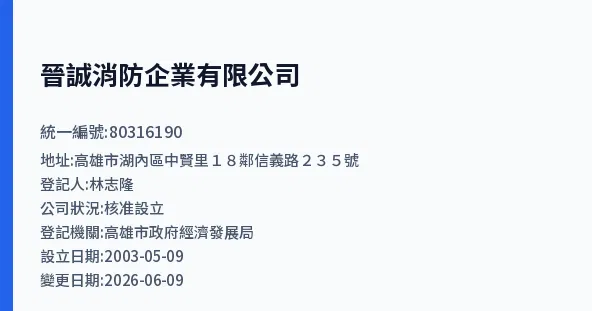 晉誠消防企業有限公司的照片-統編 80316190(高雄市) 公司登記資料與營業項目詳細圖表