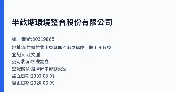 半畝塘環境整合股份有限公司的照片-統編 80319865(新竹縣) 公司登記資料與營業項目詳細圖表