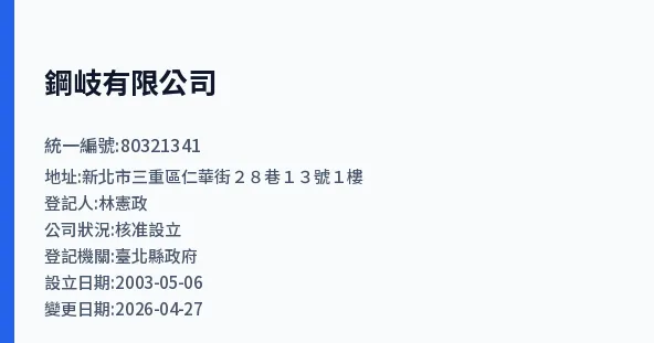 鋼岐有限公司的照片-統編 80321341(新北市) 公司登記資料與營業項目詳細圖表