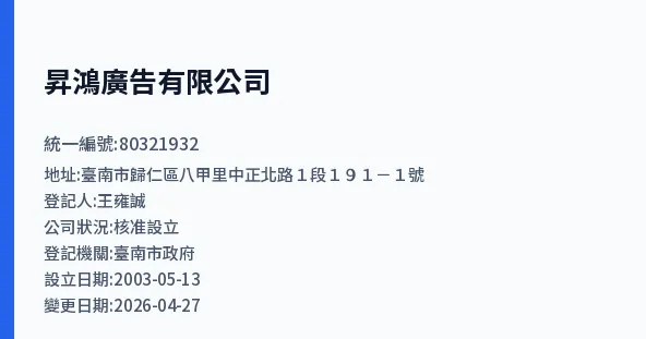 昇鴻廣告有限公司的照片-統編 80321932(臺南市) 公司登記資料與營業項目詳細圖表