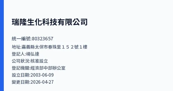 瑞隆生化科技有限公司的照片-統編 80323657(嘉義縣) 公司登記資料與營業項目詳細圖表