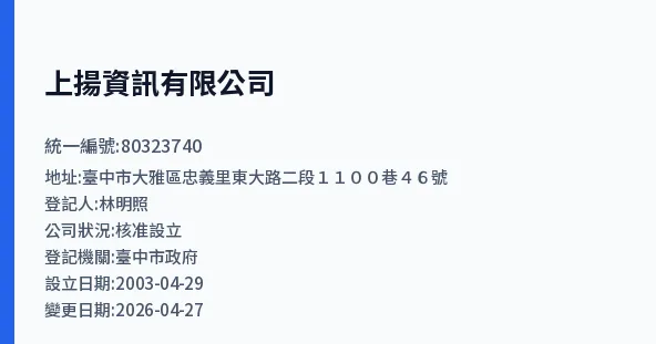 上揚資訊有限公司的照片-統編 80323740(臺中市) 公司登記資料與營業項目詳細圖表