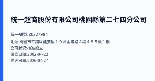 統一超商股份有限公司桃園縣第二七四分公司的照片-統編 80327984(桃園市) 公司登記資料與營業項目詳細圖表
