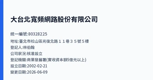 大台北寬頻網路股份有限公司的照片-統編 80328225(臺北市) 公司登記資料與營業項目詳細圖表