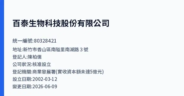 百泰生物科技股份有限公司的照片-統編 80328421(新竹市) 公司登記資料與營業項目詳細圖表